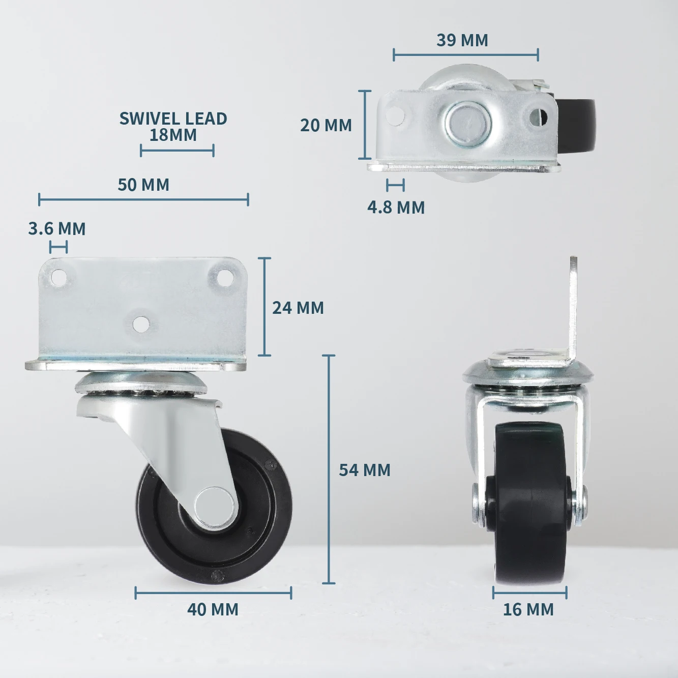 1.5 Inch Swivel L-Shaped Bracket Side Mount Castor PP Wheel