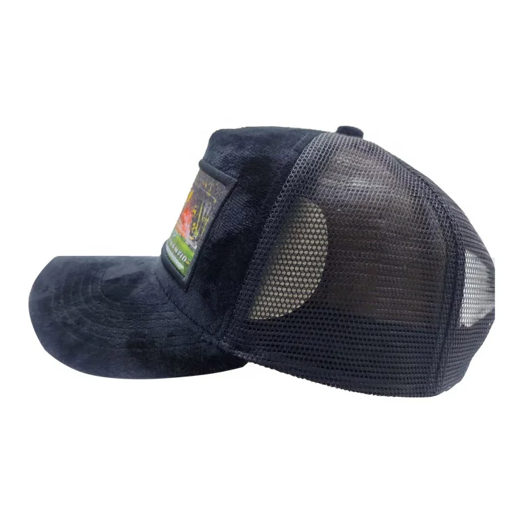Wholesale Mesh Custom Velvet Trucker Cap - Black Velvet Hat