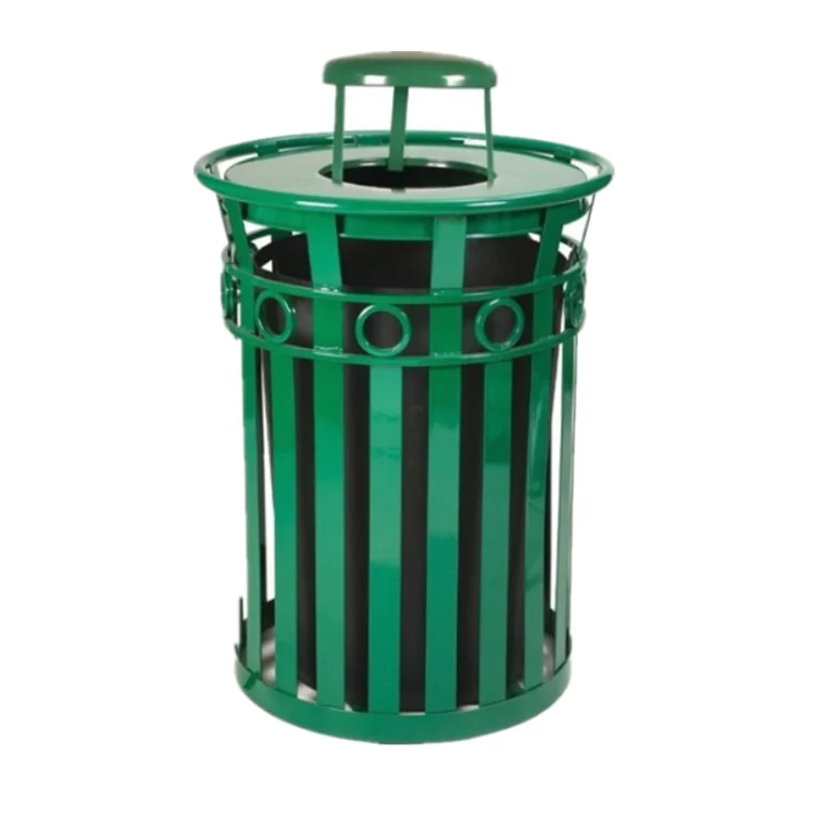 Round Slatted Steel Big Public Garbage Can Container Outdoor Street ...