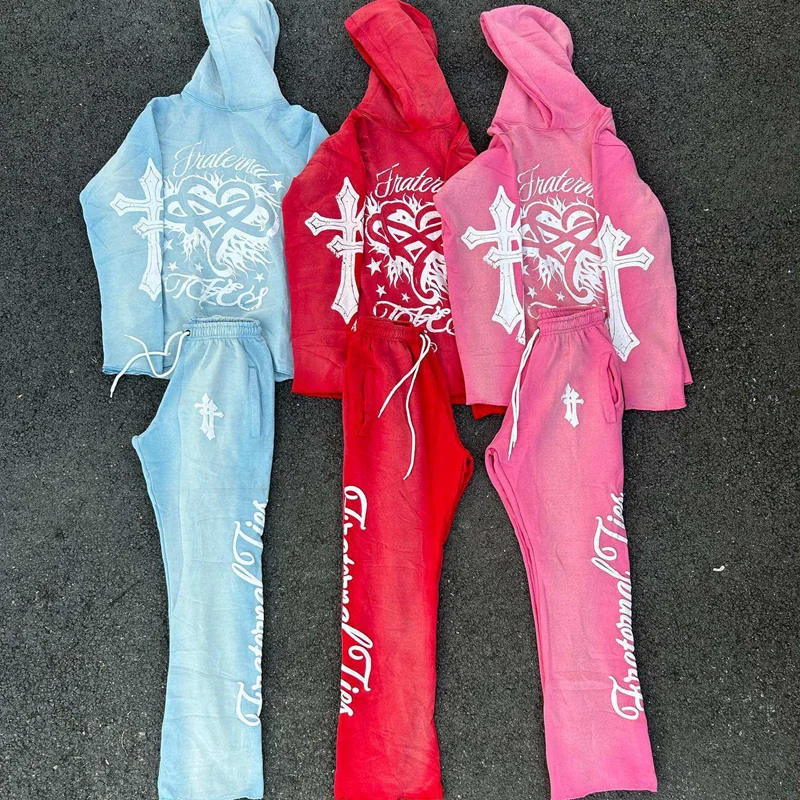 Flared Tracksuit Men Streetwear Graphic 3D Puff Print Stacked Sweatsuit ...