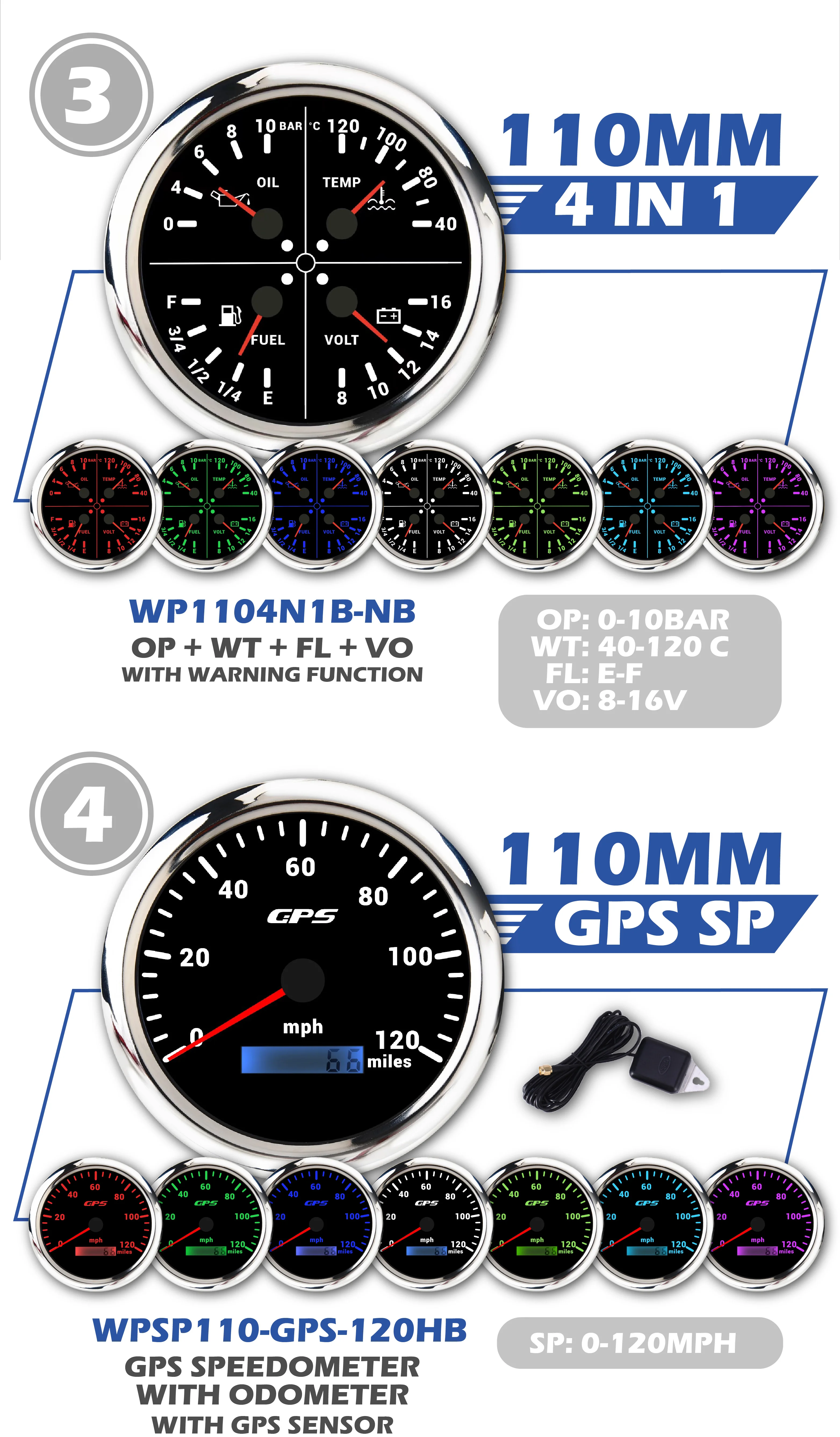 110mm Electrical 7 Colors 3 In 1 Gauge Gps Speedometer 0-120 Kmh Mph ...