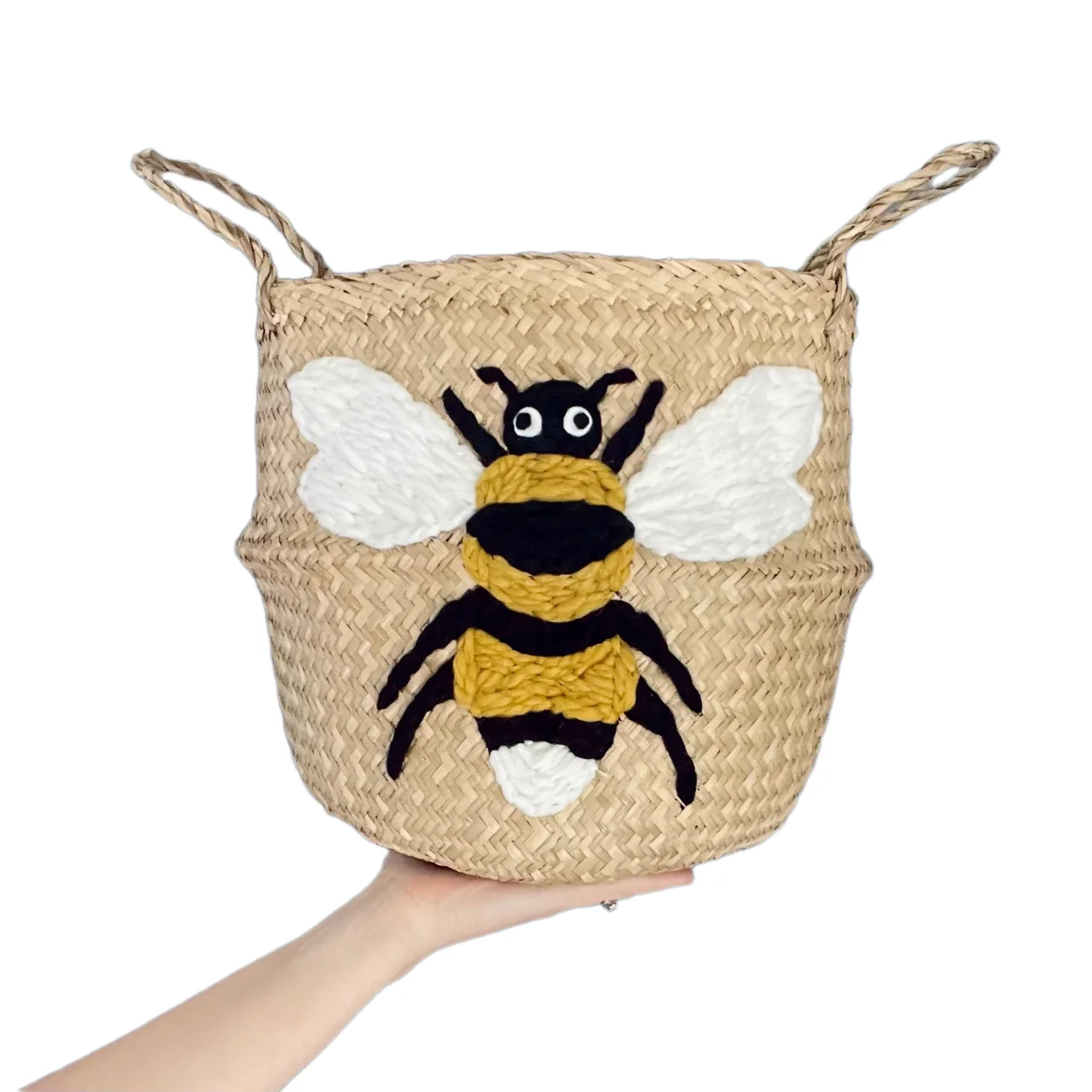Beautiful Lovely Hand Braided Seagrass Belly Basket Embroidered Bumble ...