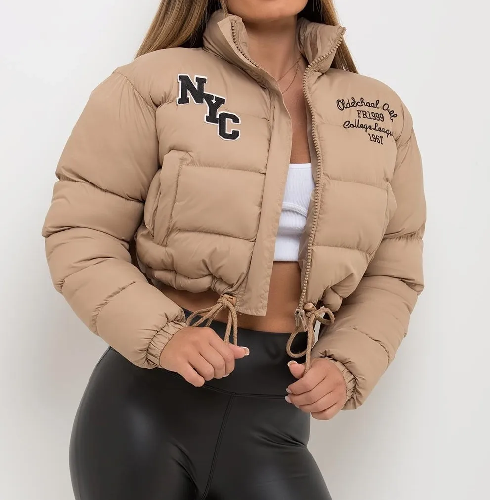 Puffer Jacket Crop Top Embroidered for Women - Winter Warmth