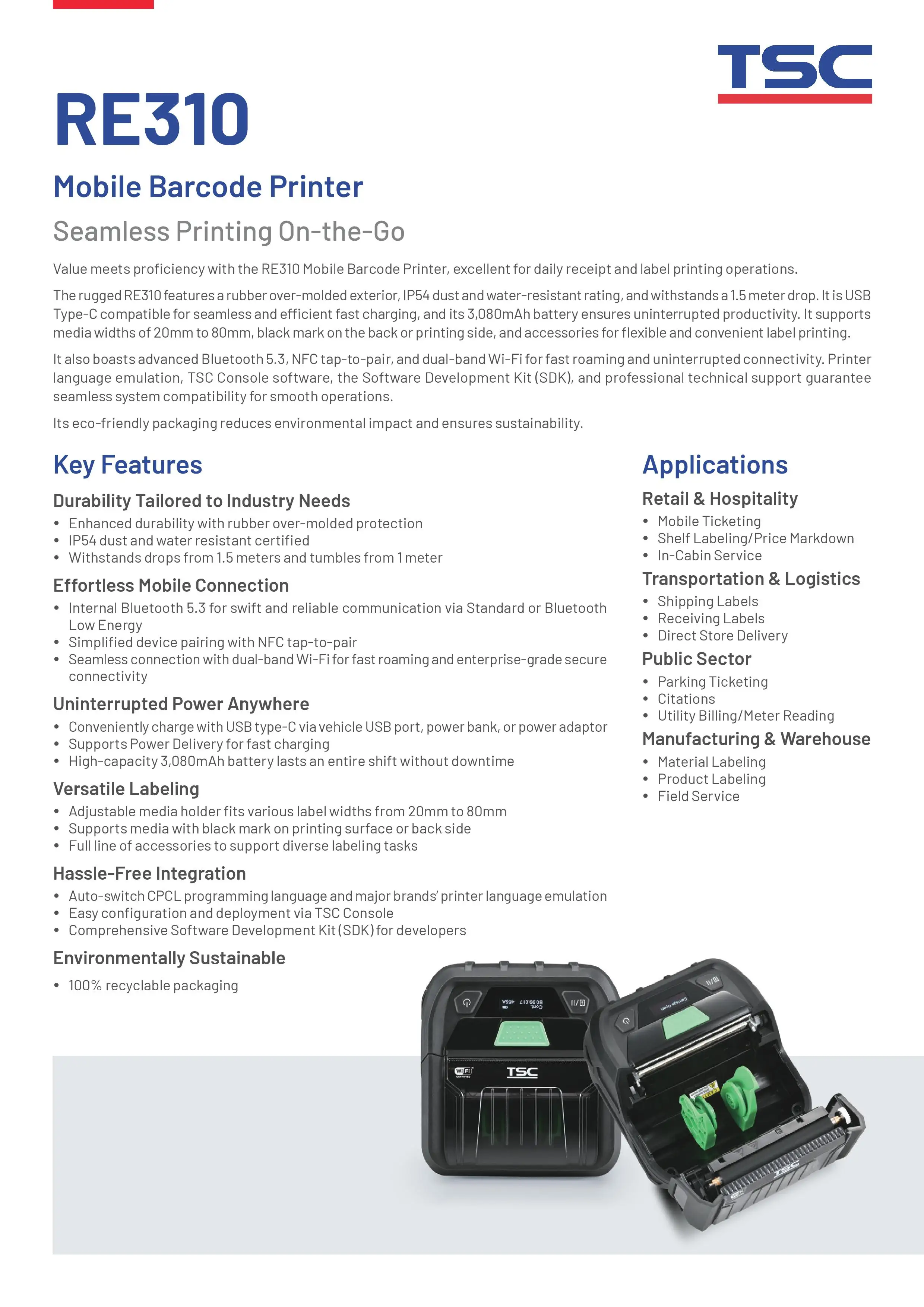 TSC RE310 Series Mobile Receipt Label Printer LCD 102mm/sec Max Speed ...