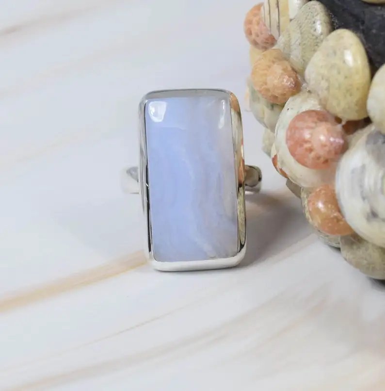 Natural Blue Lace Rectangle Shape 925 Sterling Silver Top Quality Gemstone Handmade Designer ...