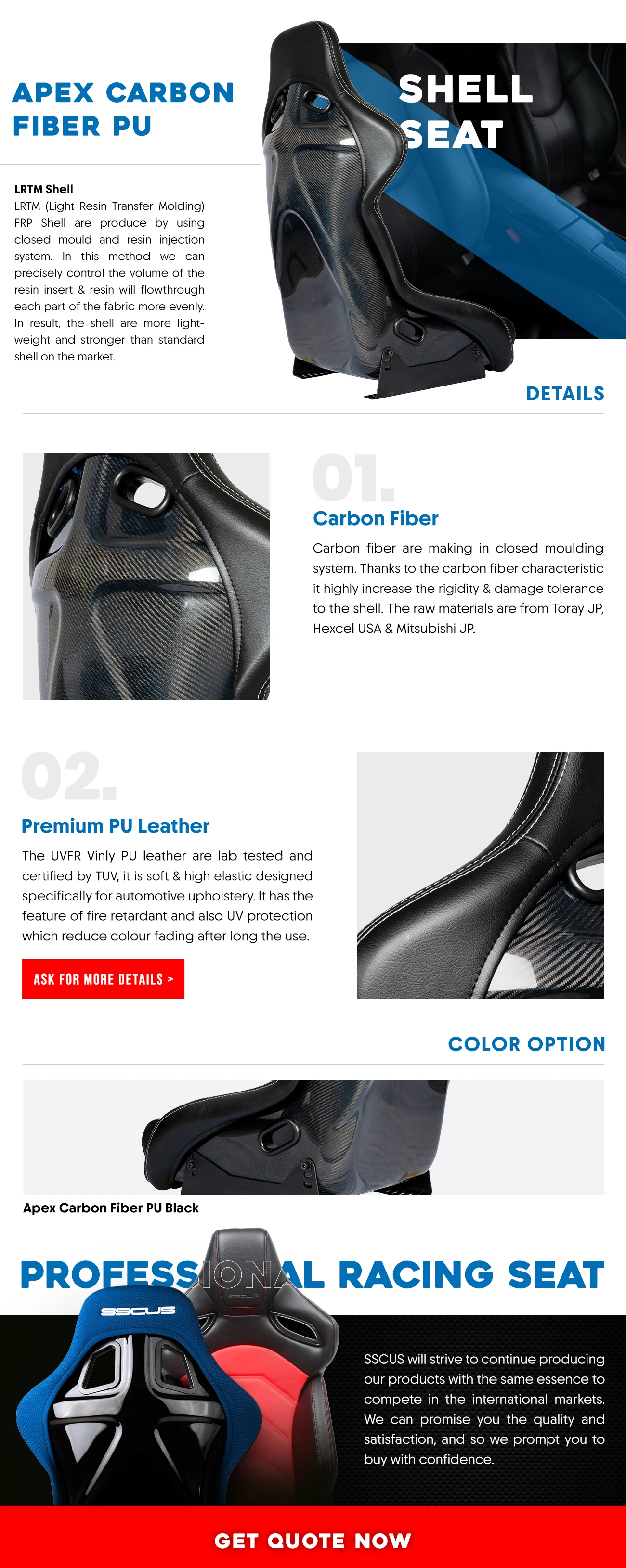 SSCUS Lightweight Apex Carbon Fiber PU Shell Sport Car Seat