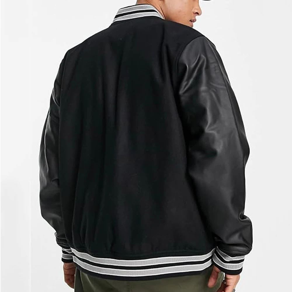 All Black College Jacket For Men Custom Snap Button Plain Wool And ...