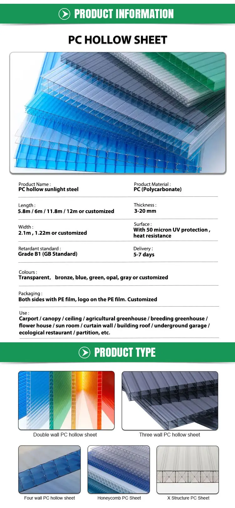 6Mm 8Mm 10Mm 12Mm Polycarbonate Sheet Crystal Hollow Fiberglass Poly ...