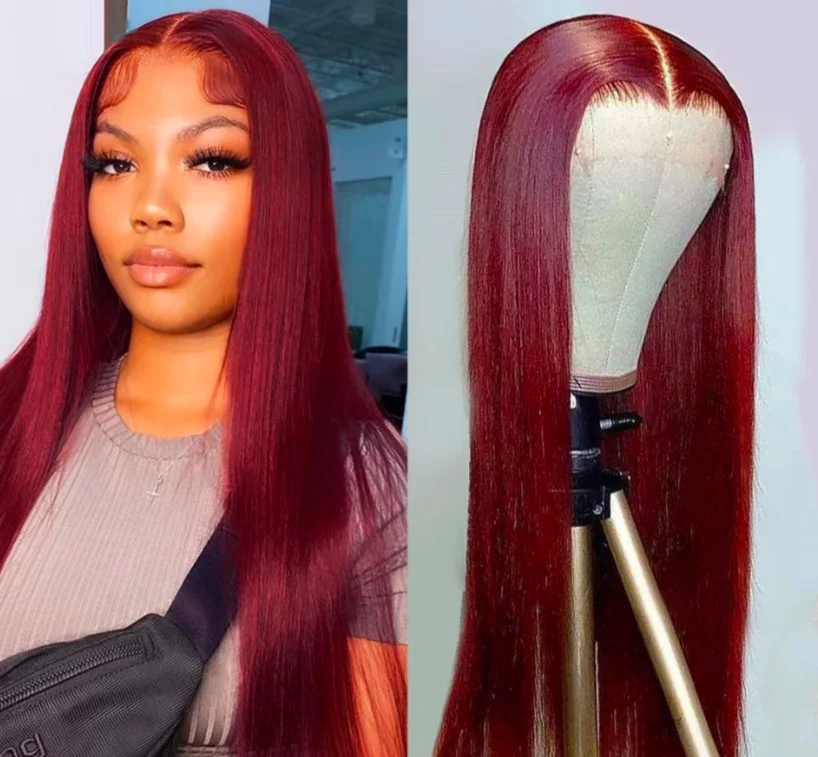 100% Vietnam Human Hair 360 Real Lace Burgundy Straight Hair Wig Super ...