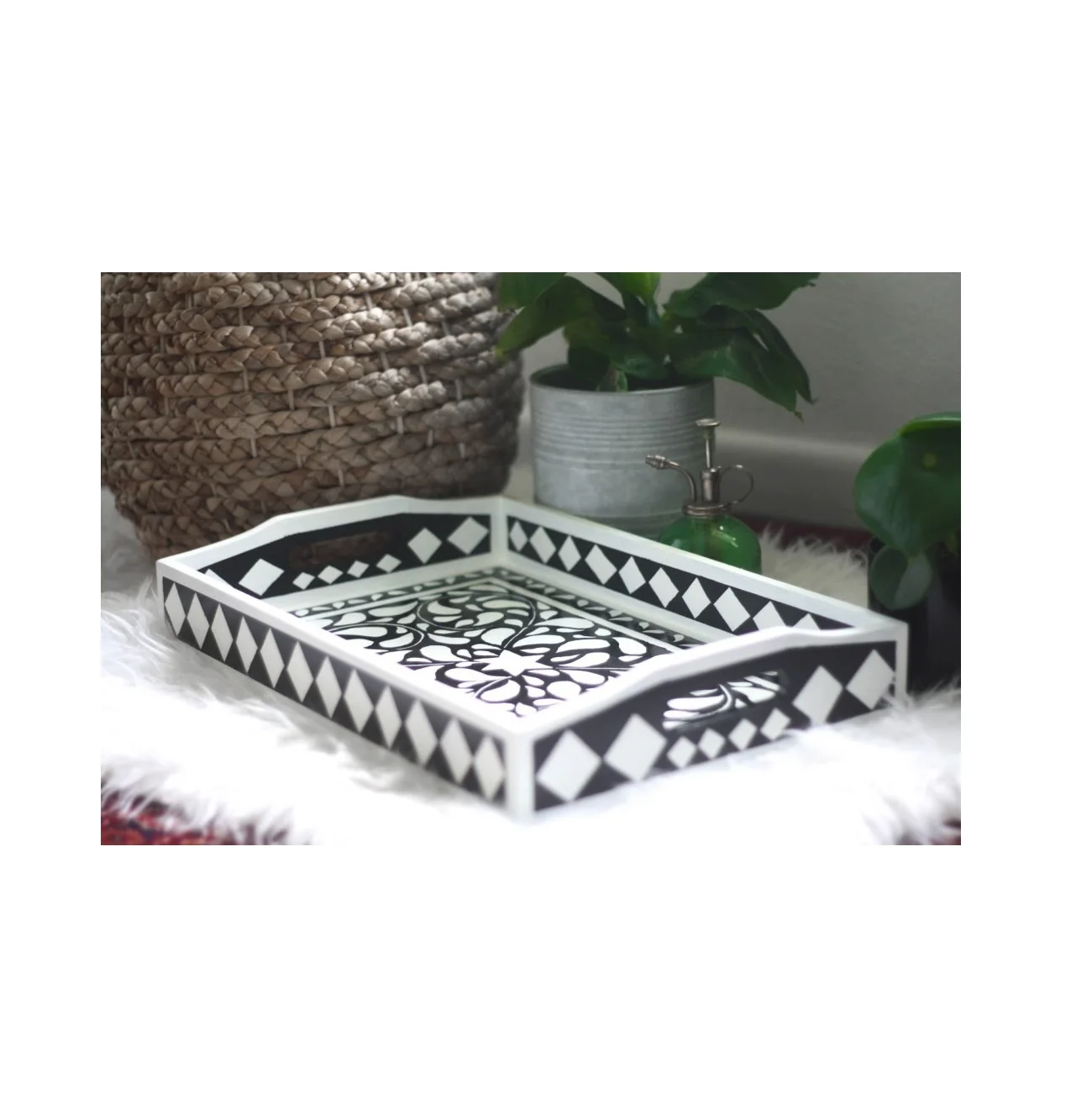 Mother Of Pearl Inlay And Bone Inlay Serving Tray Floral Tray Mop And ...