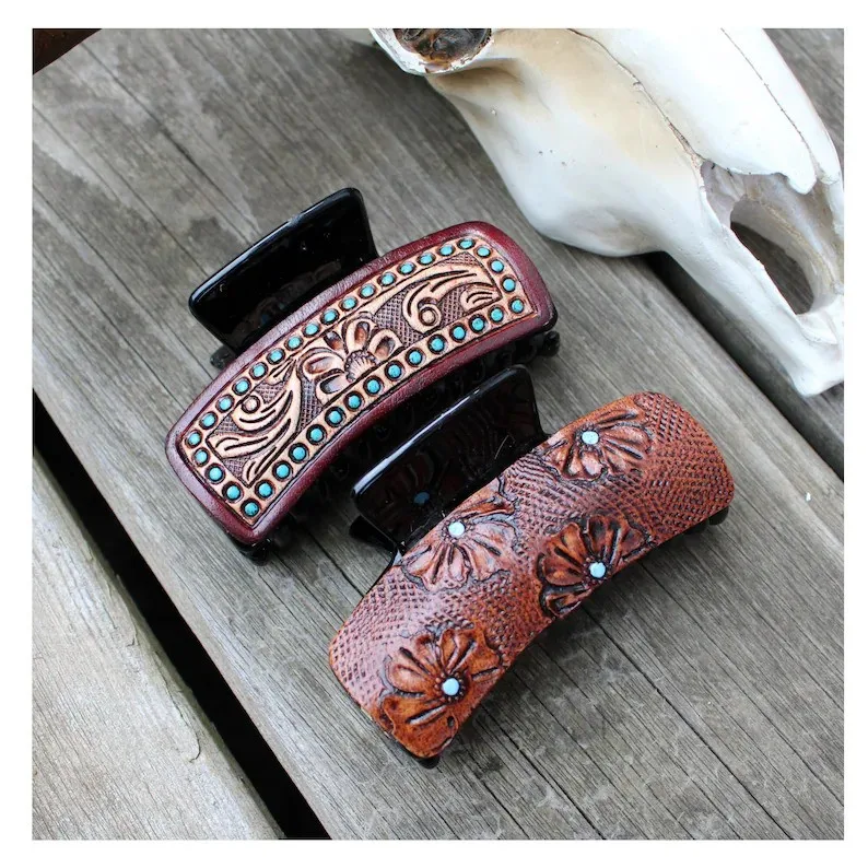 Western Tooled Leather Hair Clip Western Cowgirl Hair Claw Clip Cowhide ...