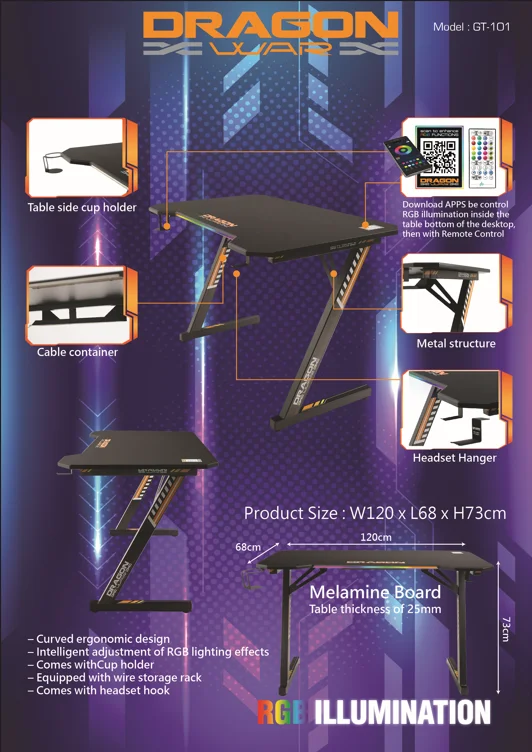 Dragon War Gaming Desk - 120x68cm RGB Light Metal Desktop