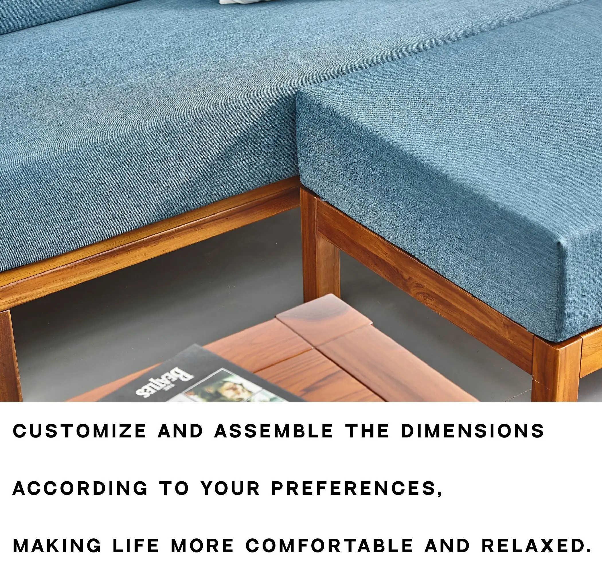 Simple Classic Style Teak Wood Frame Modular Sectional Sofa