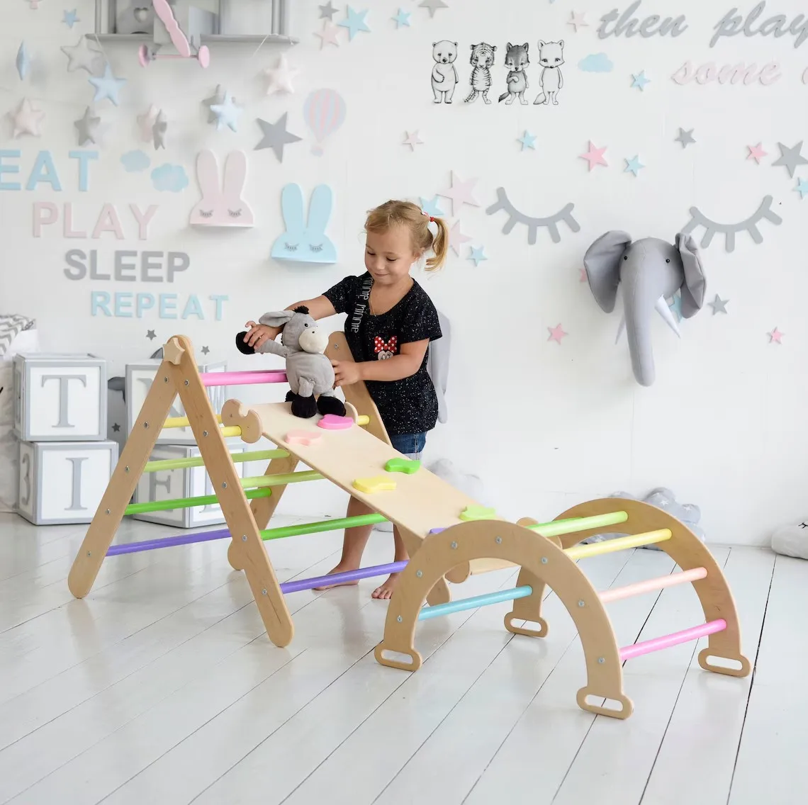 Adjustable Montessori Wooden Triangle Pickler Climbing Arch And Slid ...