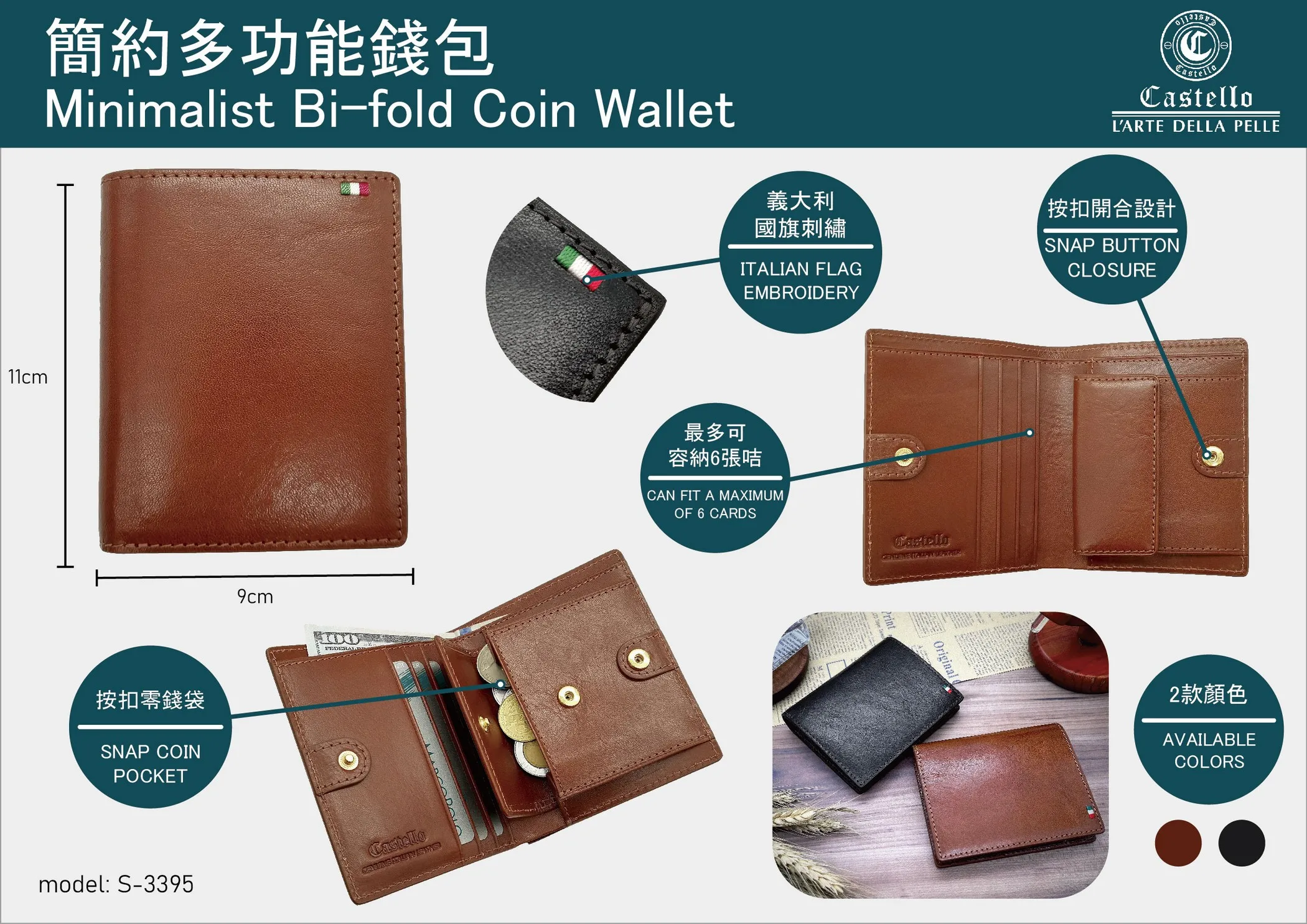 Castello Italian Vegetable Tanned Leather Minimalist Unisex Bi-fold ...