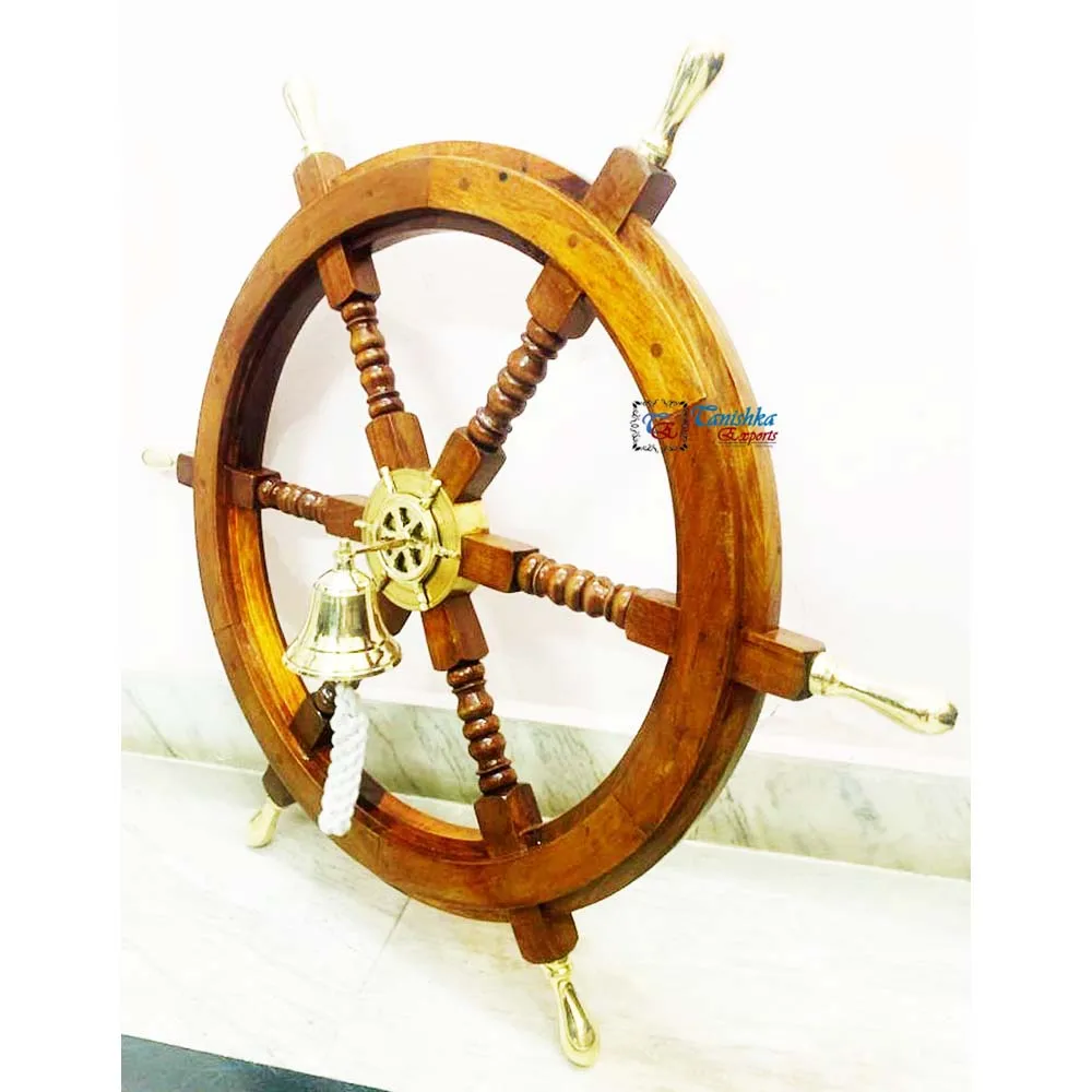 Brass Nautical Marine Bell Design Ship Wheel Wooden Ship Steering ...