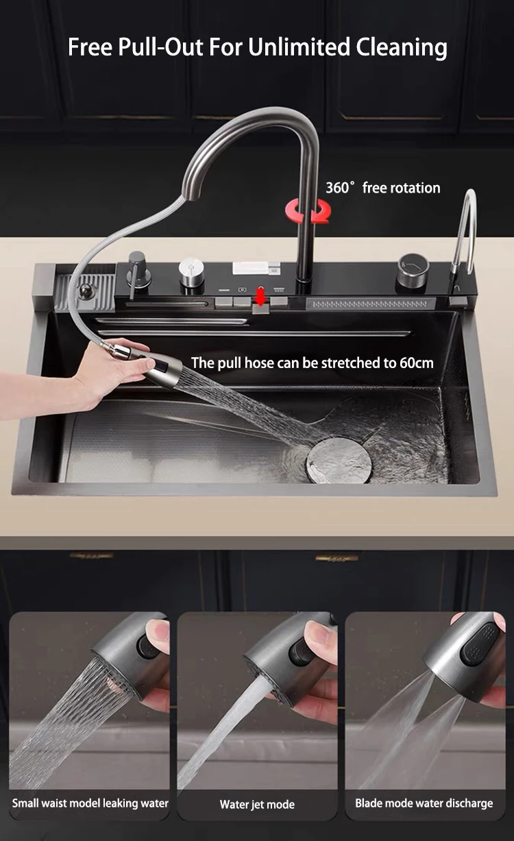 Led Digital Display Double Waterfall Fly Rain Pull-out Faucet 304 ...