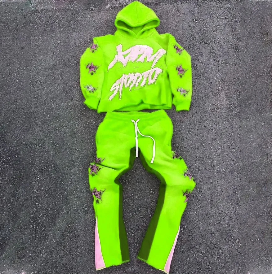 Custom 3d Puff Print Acid Wash Sweatsuit Sun Faded Tracksuit Flared Two ...