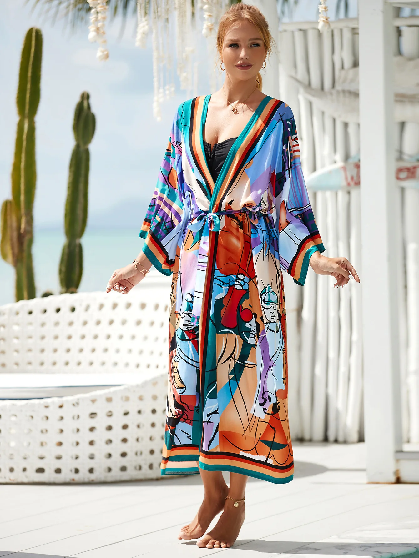 Multi Beautiful Fancy Floral Tie Dye Beach Holiday Wear Rayon Kimono Tie Front Beach Cover Up ...
