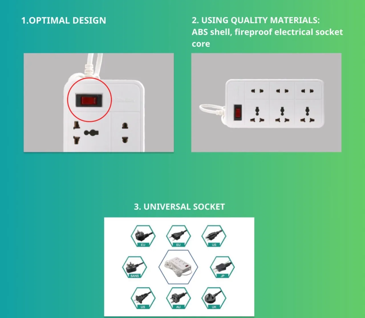 Extension Cord Socket Switch Extension Electric Socket with Overload 2 ...