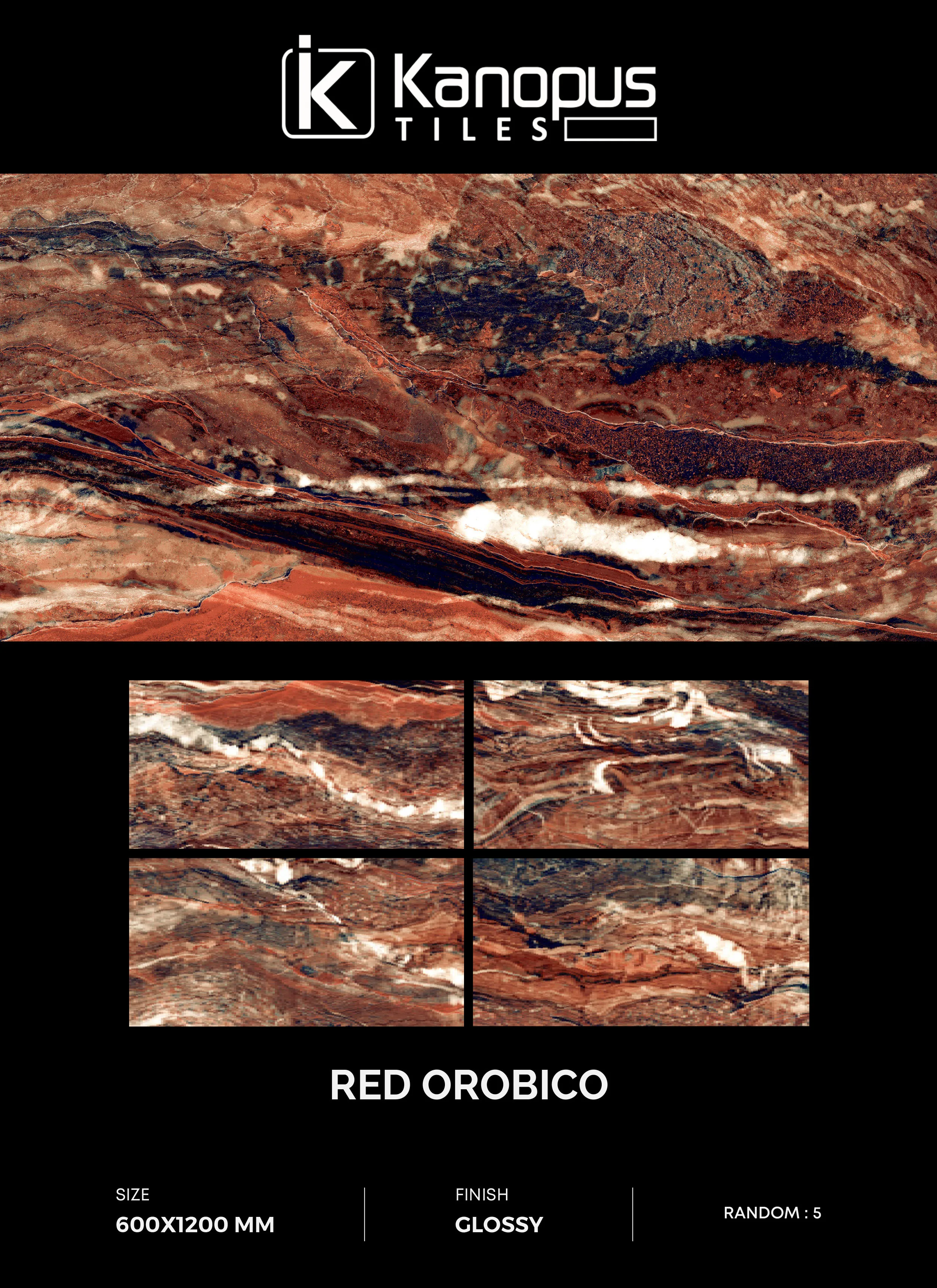 Maroon Calacatta For 600x1200mm High Glossy Finish Digital Glazed ...