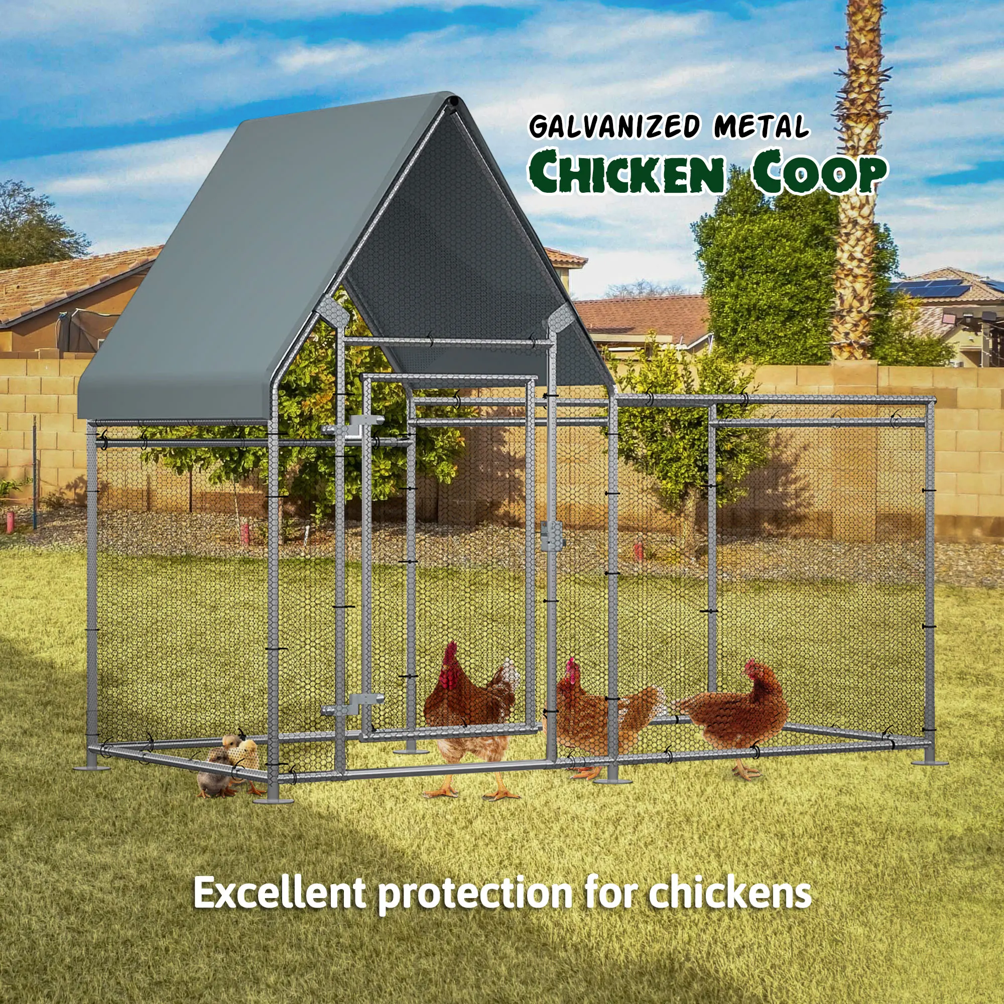 Large Metal Chicken Coop Run Walk-in Poultry Cage Waterproof Cover For ...