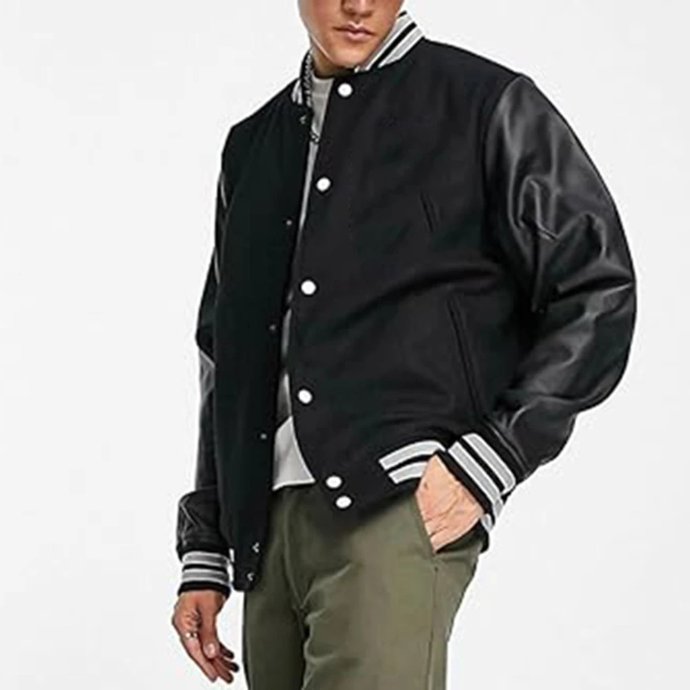 All Black College Jacket For Men Custom Snap Button Plain Wool And ...