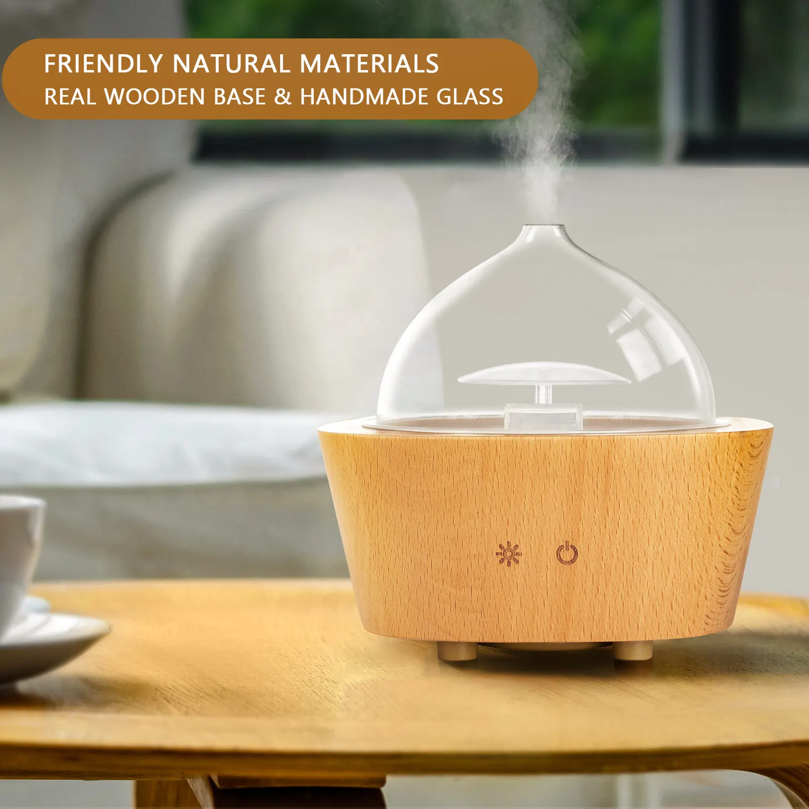 Glass Cover and Wooden Base Ultrasonic Aroma Diffuser Humidifier ...