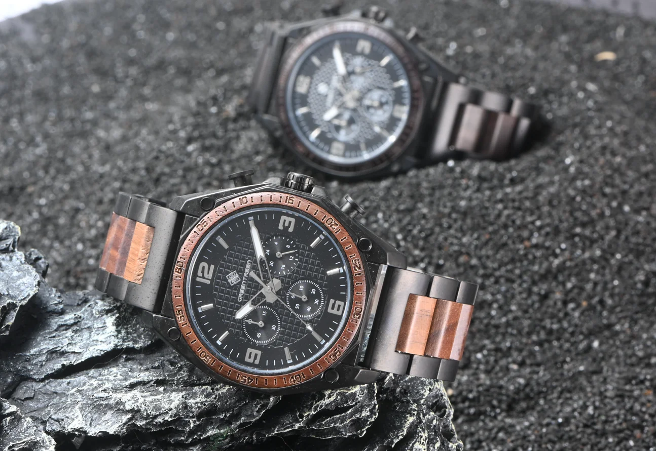 Stainless Steel Watches For Men Match Real Wood Strap Chronograph ...