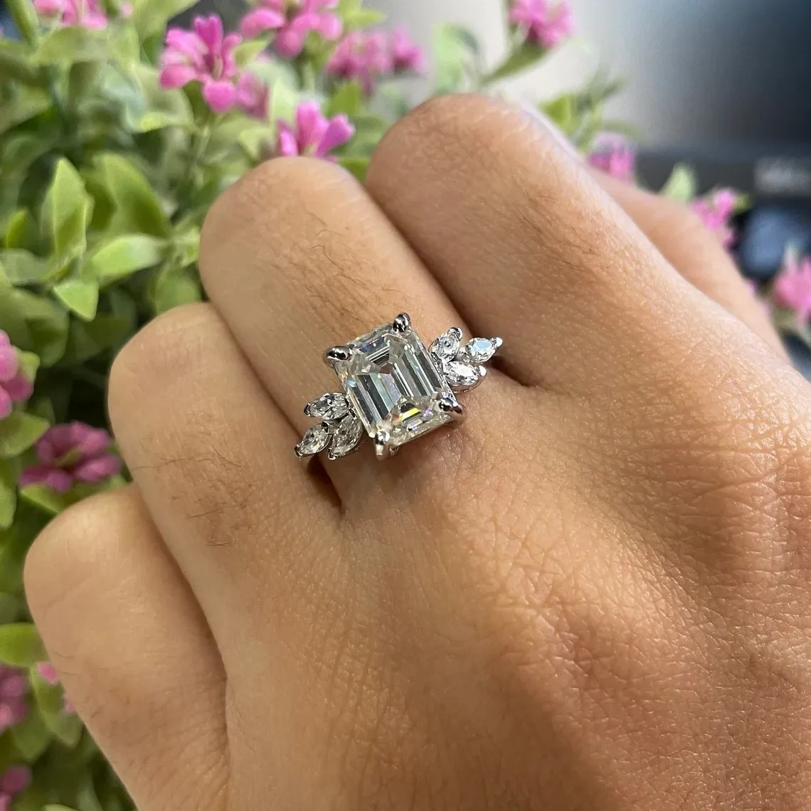 2ct Emerald Cut Engagement Ring Unique 14k White Gold Marquise Cut ...