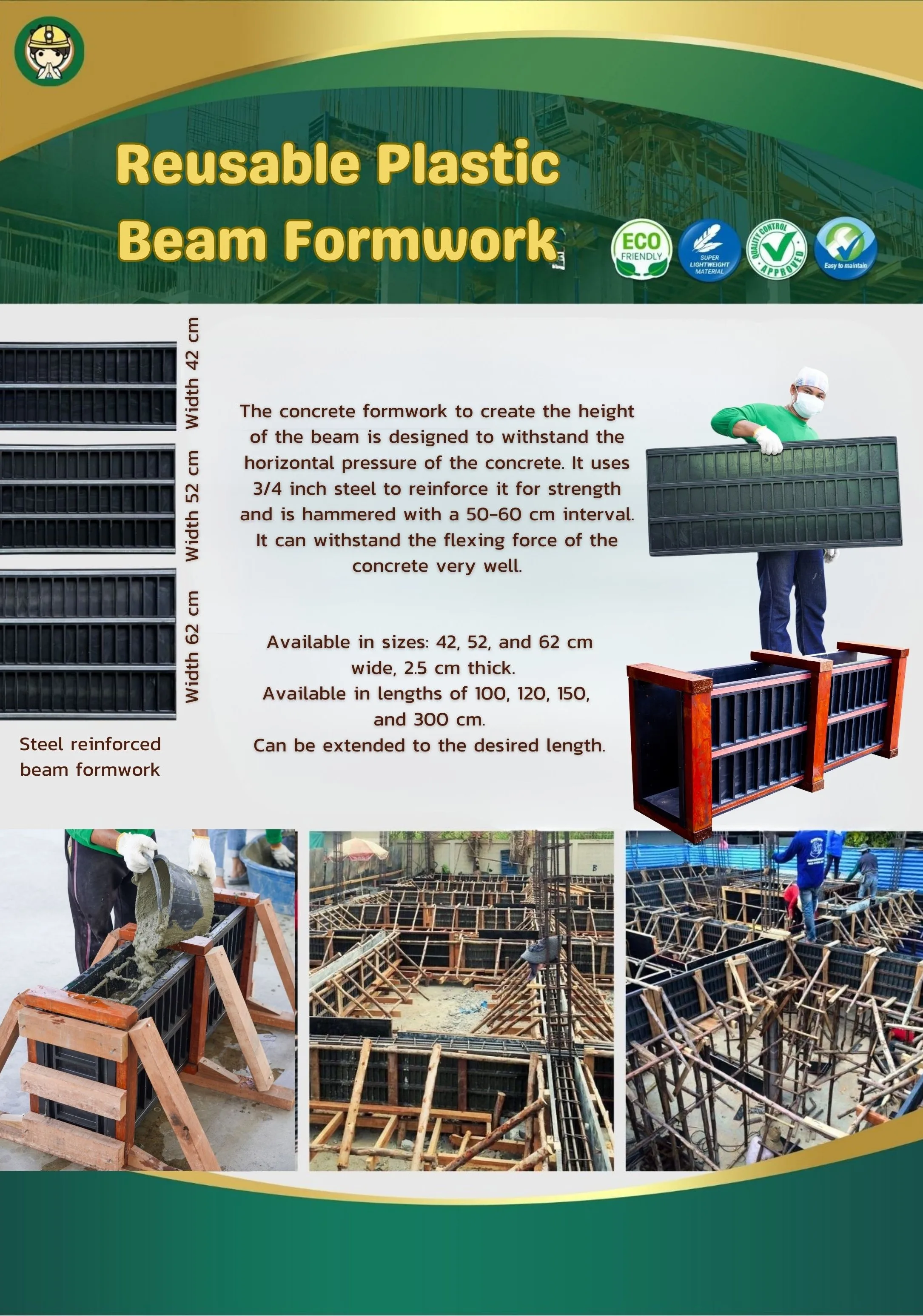 Reusable 150mmx1200mmx25mm Plastic Formwork Mold for Concrete ...