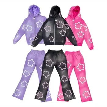 Custom Acid Wash Flare Sweatsuit Heavyweight Stacked Pants Raw Hem With ...