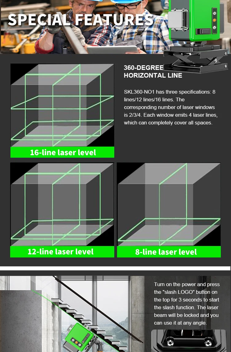 4d 16 Line Laser Level Battery 360 Horizontal Vertical Cross Light ...