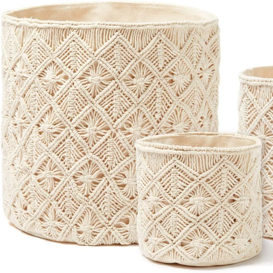 Woven Macrame Storage Baskets With Natural Cotton Rope Set Of 3 ...
