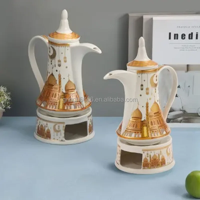 White Gold Ramadan Design Ceramic Arabic Coffee Pot With Candle Warmer ...