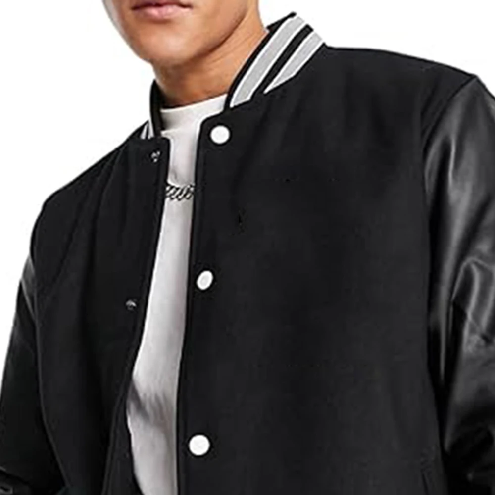 All Black College Jacket For Men Custom Snap Button Plain Wool And ...
