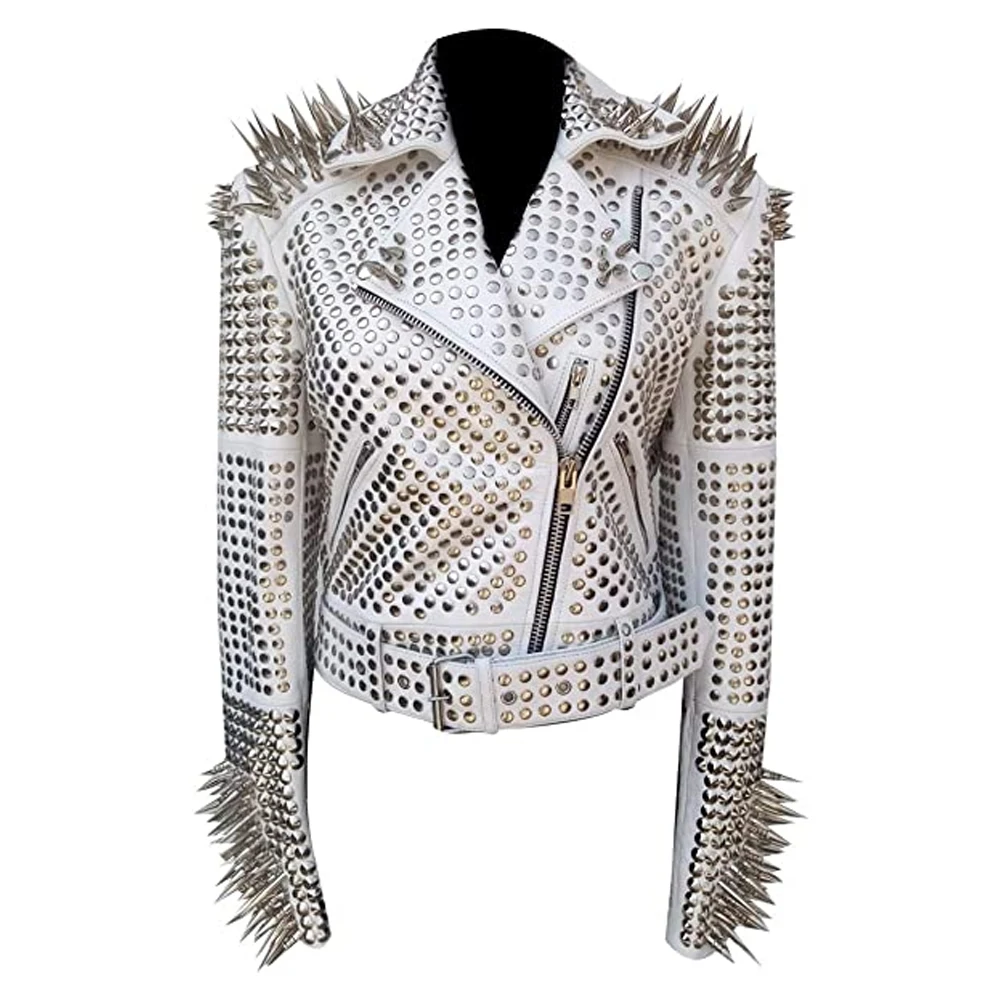 Women Studded Jacket Punk Long Spiked Leather jackets Heavyweight Stud best quality 100% leather ...