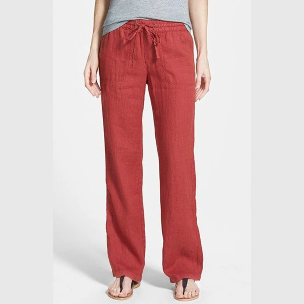 Drawstring Women Linen Pants Straight Fit Pure Linen Pants For Casual ...