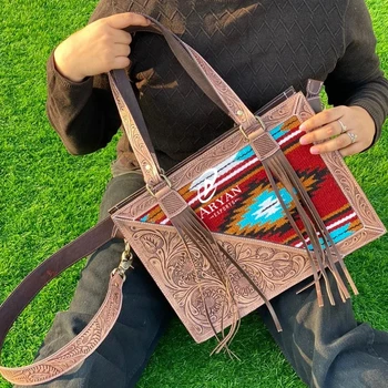 New Real Hand Tooled Aztec Leather Tassel Tote Bag Women Stylish ...