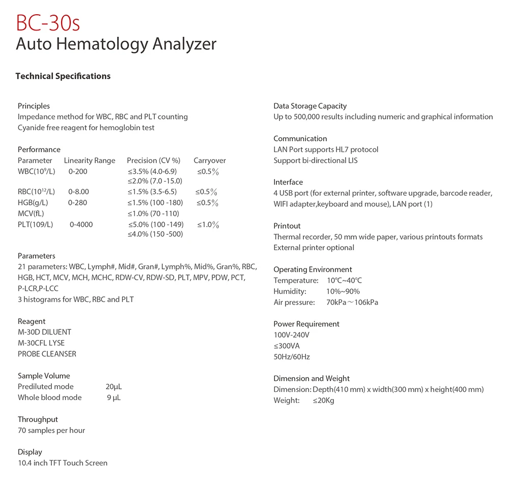 Mindray Bc-30s Hematology Analyzer - Efficient Blood Counting