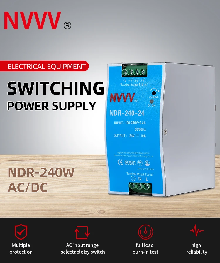 NDR-240-24 with PFC Input 100-240VAC AC DC Industrial DIN Rail Power Supply NDR-240-24 240W 24V ...