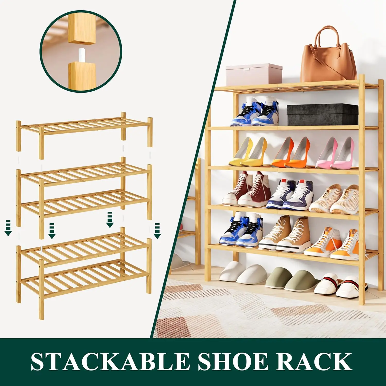 3 Tier Bamboo Shoe Rack Stackable Wooden Organizer for Closet Entryway ...