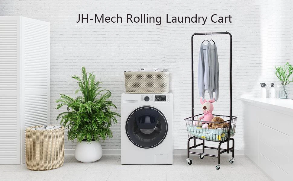 Jh-mech Rolling Laundry Basket Cart With Wire Storage Rack And Hanging ...