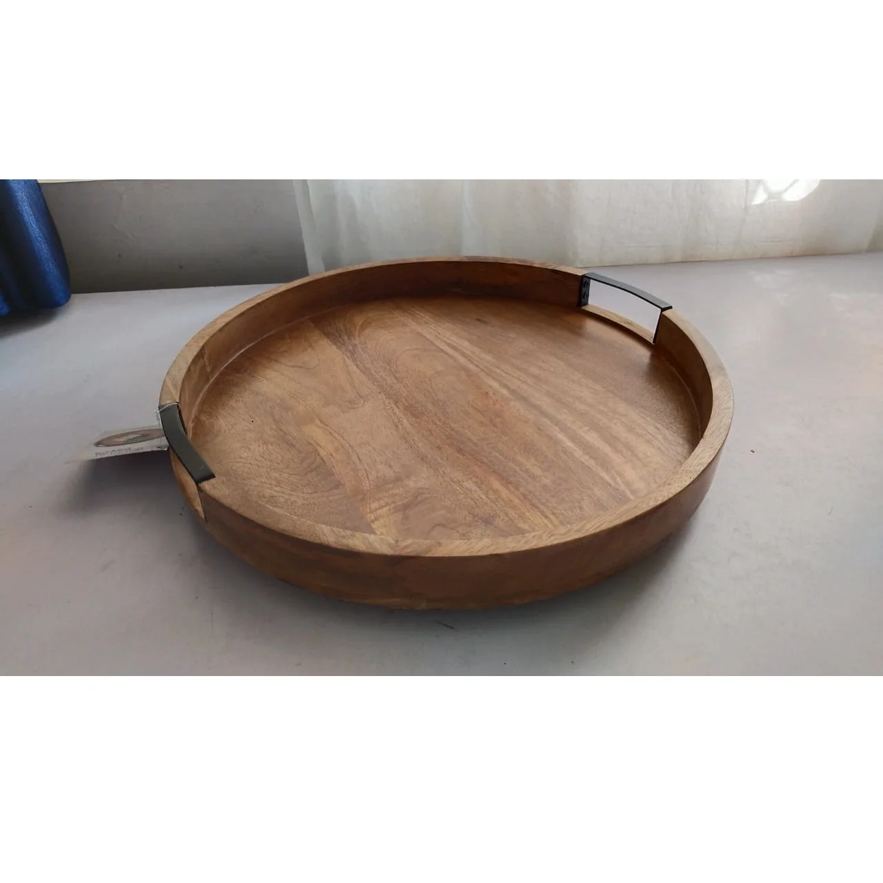 Round Wooden Serving Tray Rustic With Metal Handle For Home Hotel ...