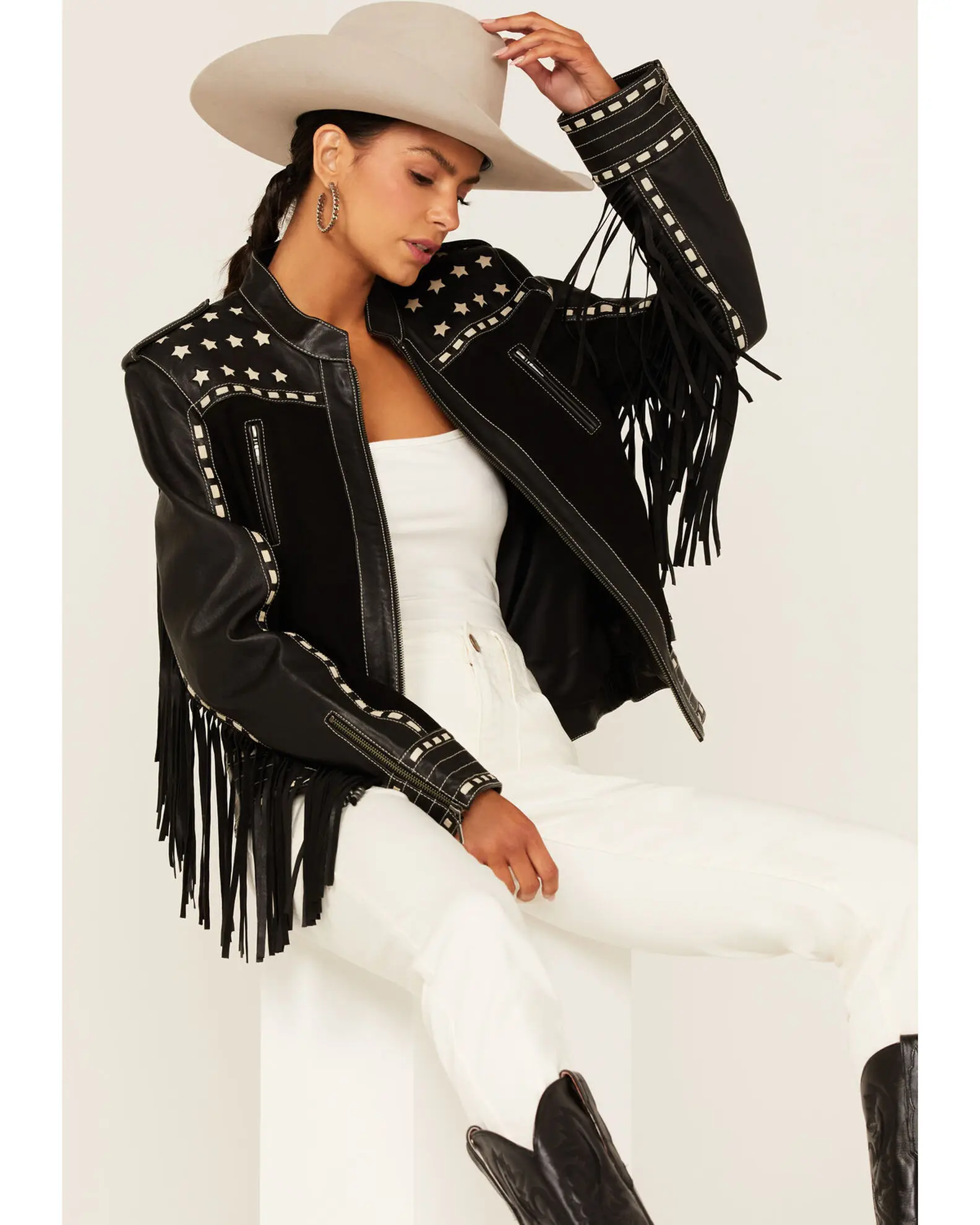 Western Cowgirl Real Leather Biker Crop Jacket With Fringed for Women ...