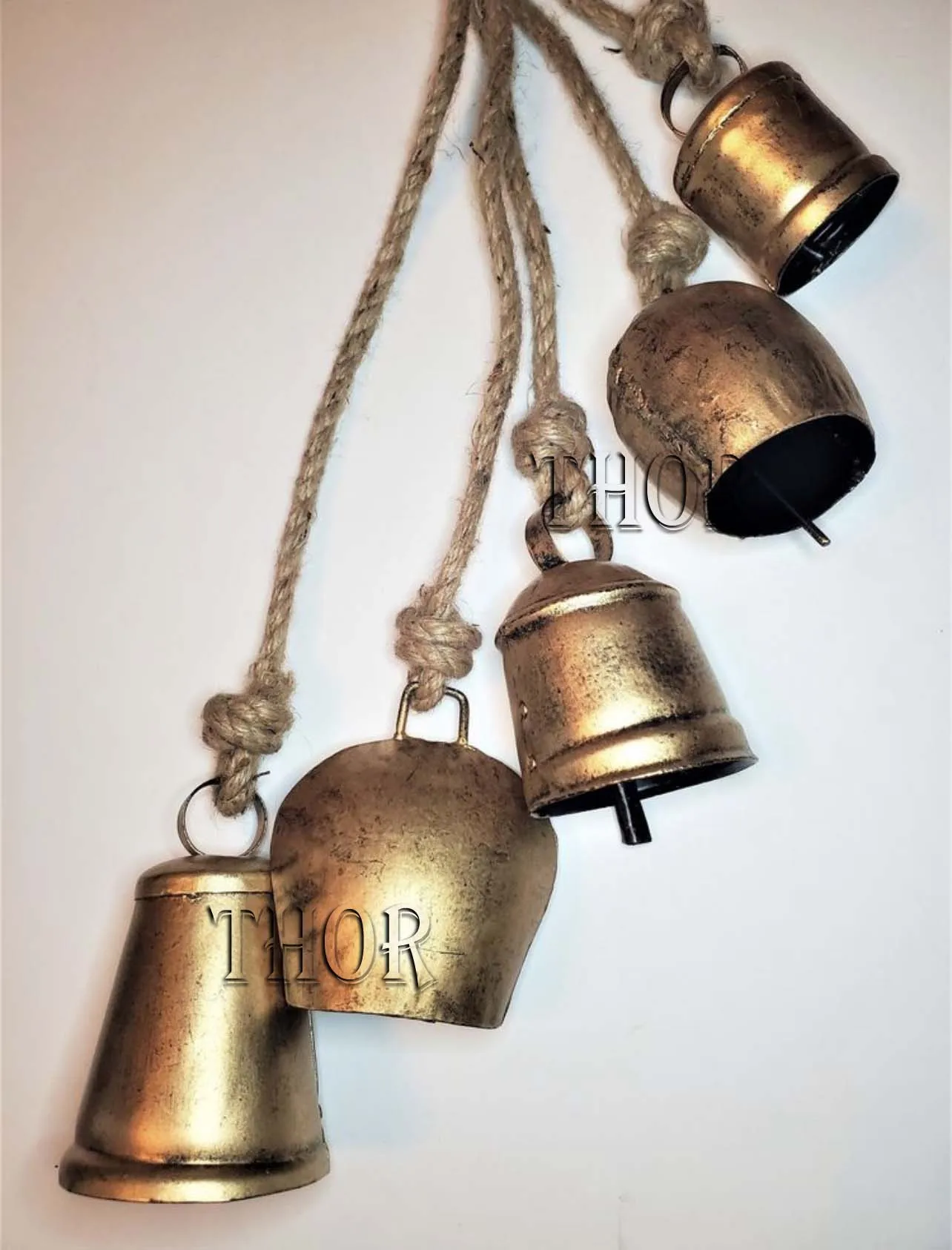 Set Of 5 Harmony Large Rustic Cow Bells On Rope Vintage Chimes Antique ...