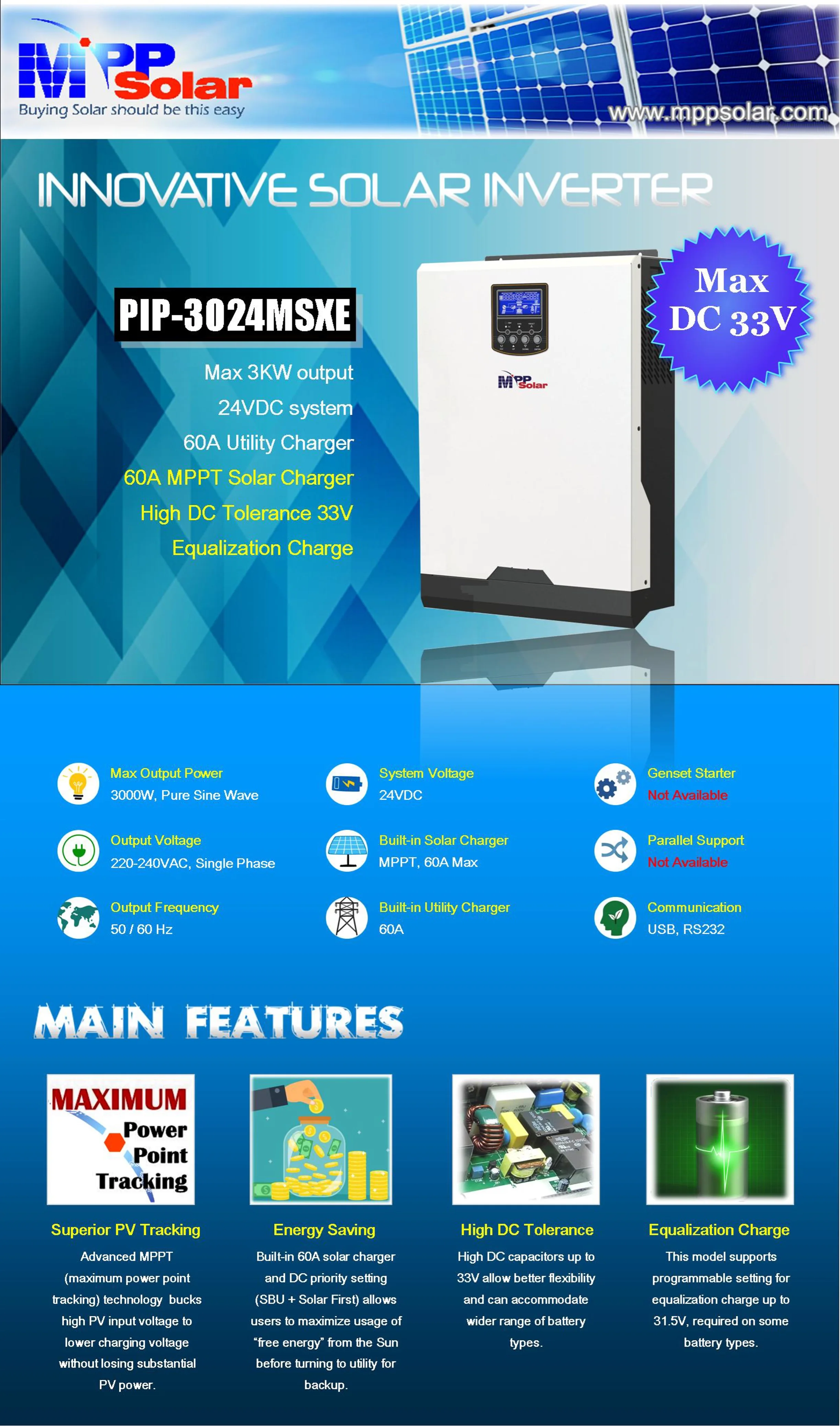 3000W 24V MPP Solar Inverter 230V WiFi 60A MPPT Charger 145V Max PV ...