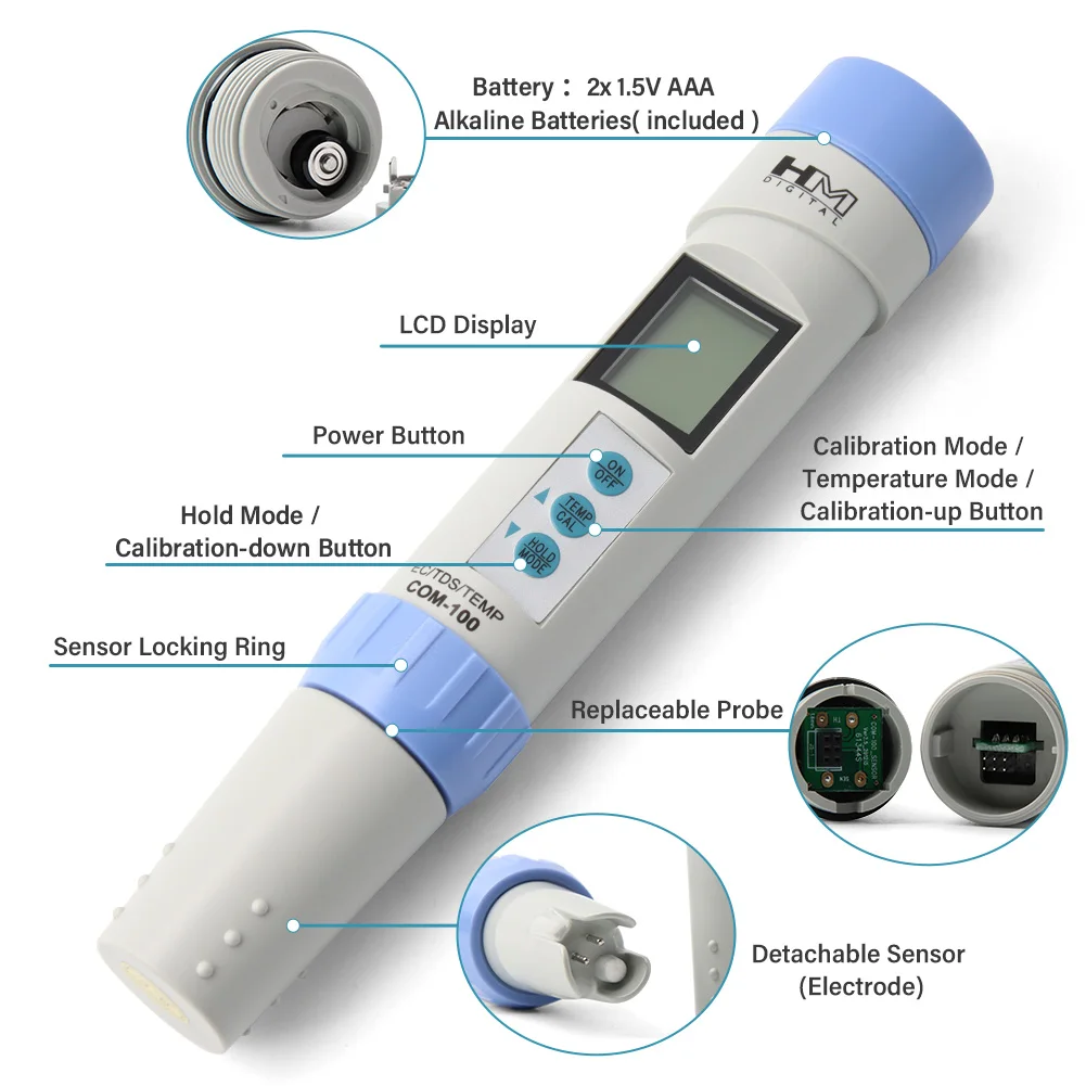 HM Digital COM100 Waterproof TDS Meter - 3 in 1 EC, TDS, Temp Tester ...