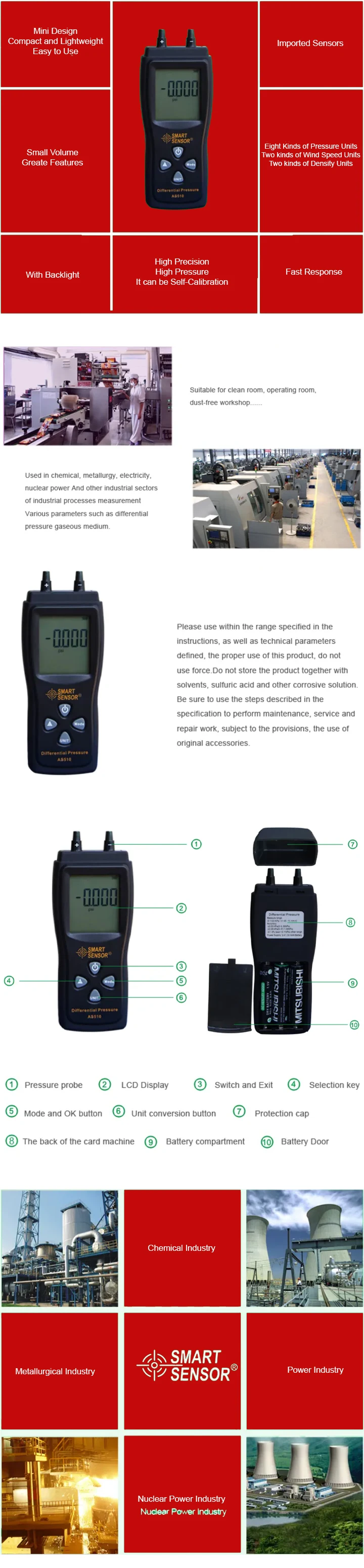 Smart Sensor AS510 Differential Pressure Meter - Accurate Measurements ...
