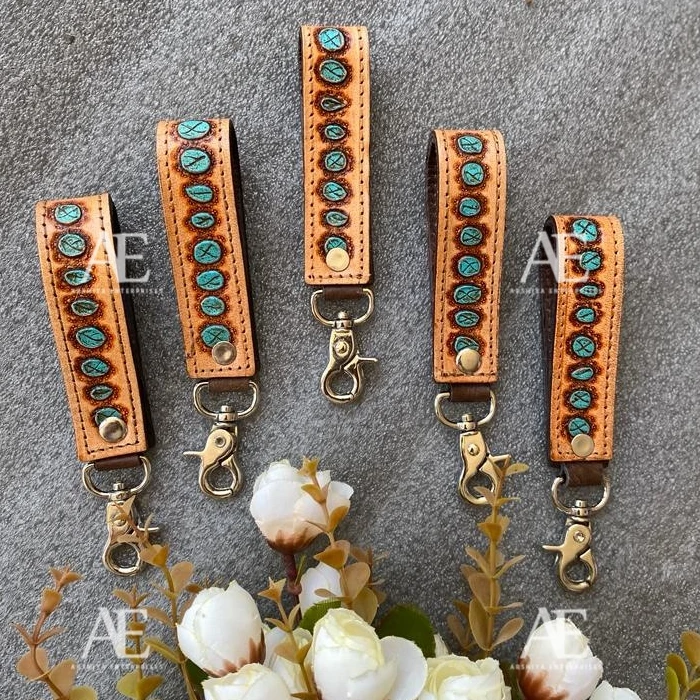Hand Carved Tooled Leather Key Chains Embossed Floral Print Leather Key ...